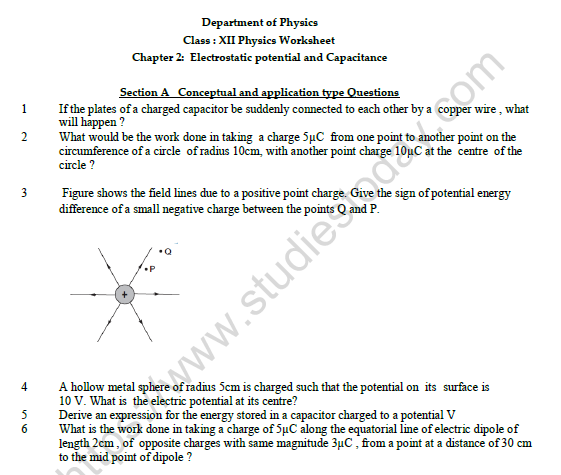 CBSE Class 12 Physics Electrostatic Potential And Capacitance Worksheet ...